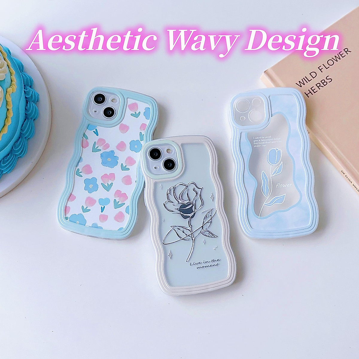 UICEAM Compatible with iPhone 13 Pro Max Case Clear with Floral Design for Women Girls,Aesthetic Cute Wavy Flowers Soft Shockproof Cell Phone Cover for iPhone 13 Pro Max (Rose/White)