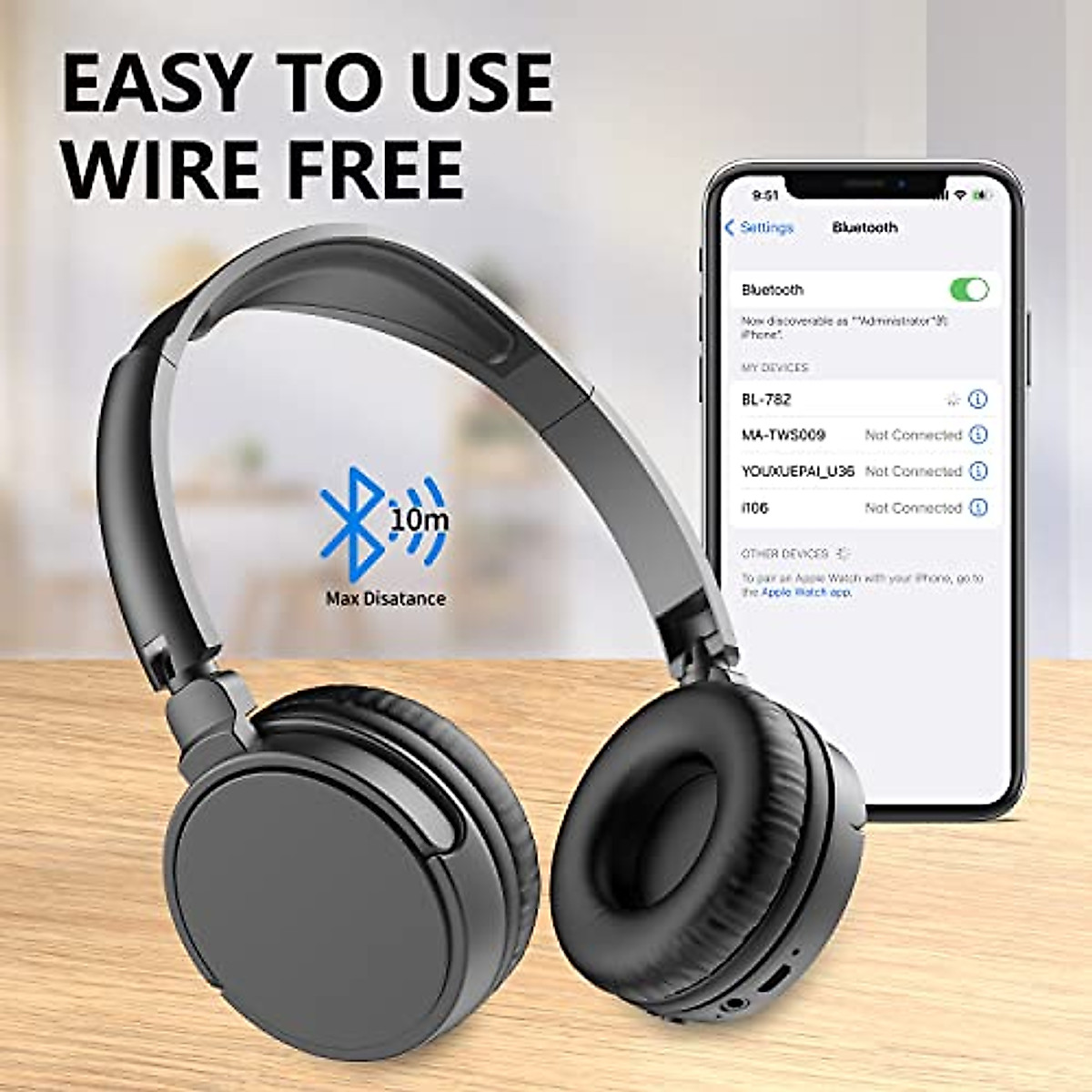 AUOUA Bluetooth Headphones On-Ear Foldable Wireless Headset with Mic,Soft Earmuffs&Light Weight Over Ear Headphones with Deep Bass for Home School Office Travel(Black)