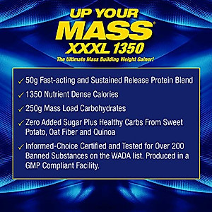 Maximum Human Performance MHP UYM XXXL 1350 Mass Building Weight Gainer, Muscle Mass Gains, w/50g Protein, High Calories, 11g BCAAs, Leucine, Cookies & Cream, 8 Servings, 6lb