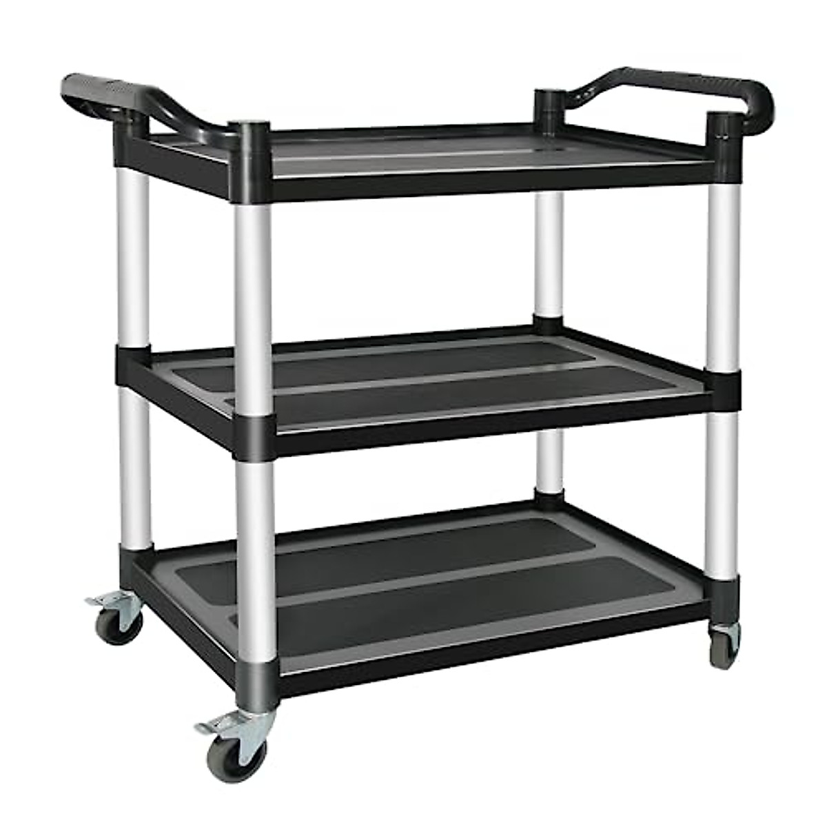 MAYNIYJK Plastic Utility Carts with Wheels, 3-Tier Restaurant Cart, Heavy Duty Rolling Cart Food Service Cart 420LBS, Bus Cart with Lockable Wheels and Rubber Hammer for Warehouse/Kitchen, Black