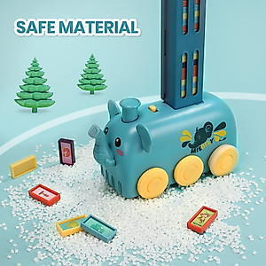 O WOWZON 3 in 1 Automatic Domino Train Toy-140 PCS Building and Stacking Electric Running Toys Light & Sound Trains, Colorful Fun Stickers and Chess Game,Storage Bag,Gift for Boys Girls kids