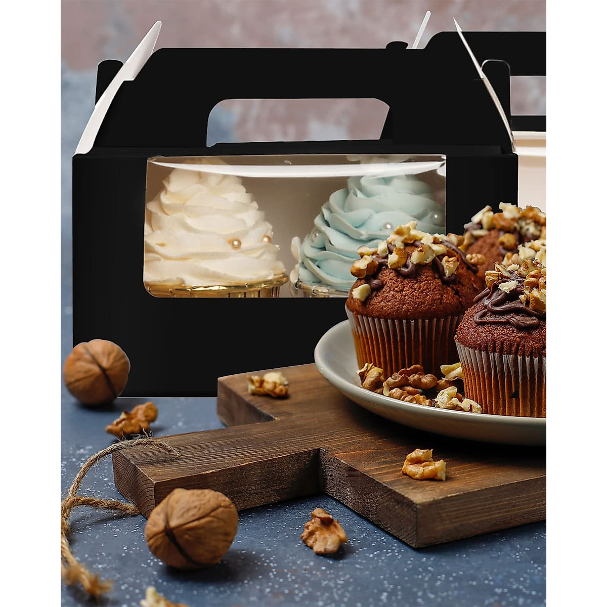 qiqee Cupcake Box Two Holder 6.5x3.6x3.5inch(2.2" Top) 50pcs Brown 2 Cupcake Boxes With Window