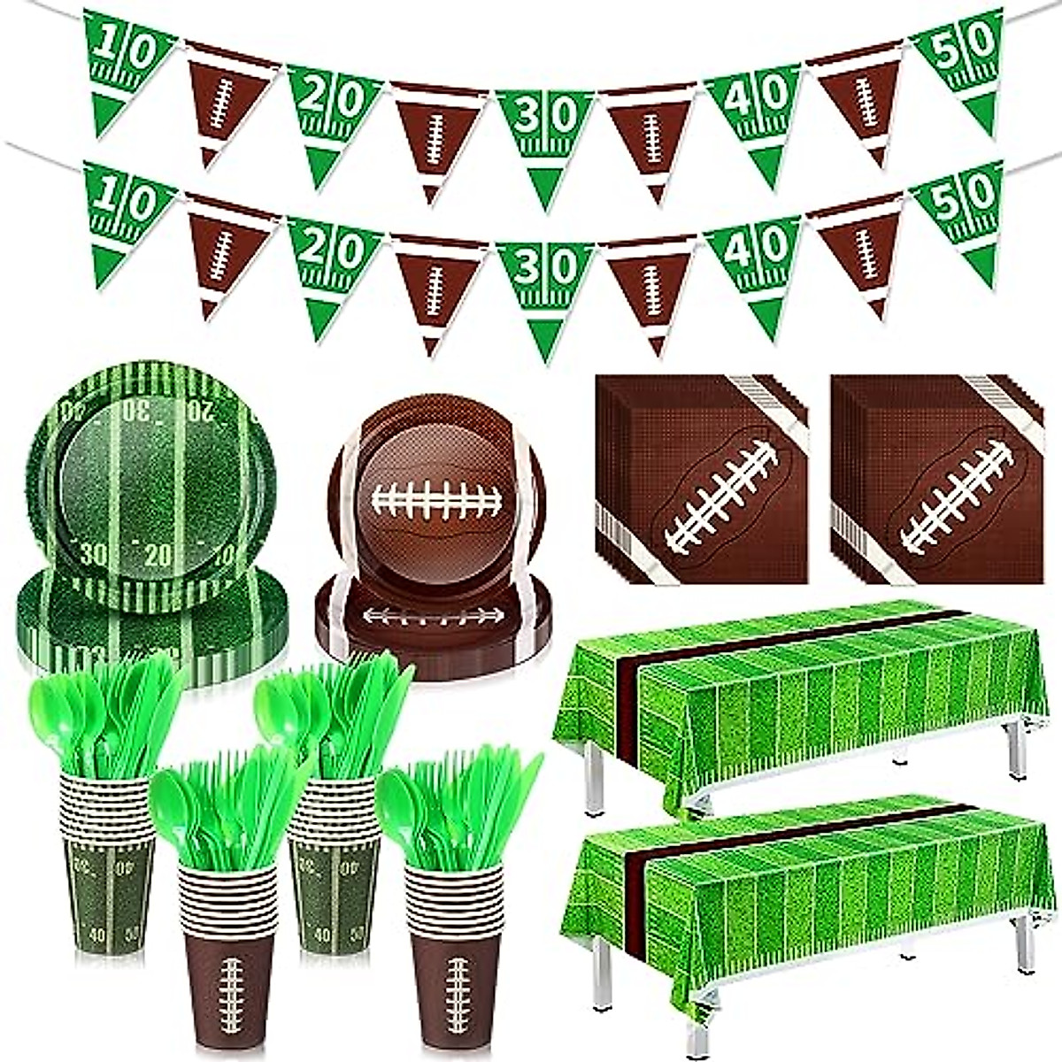Preboun 214 Pcs Football Party Supplies Dinnerware Set for 30 People, Football Party Decorations Including Plates, Cups, Napkins, Tablecloth, Banner, Knives Forks and Spoons Set for Sports Birthday