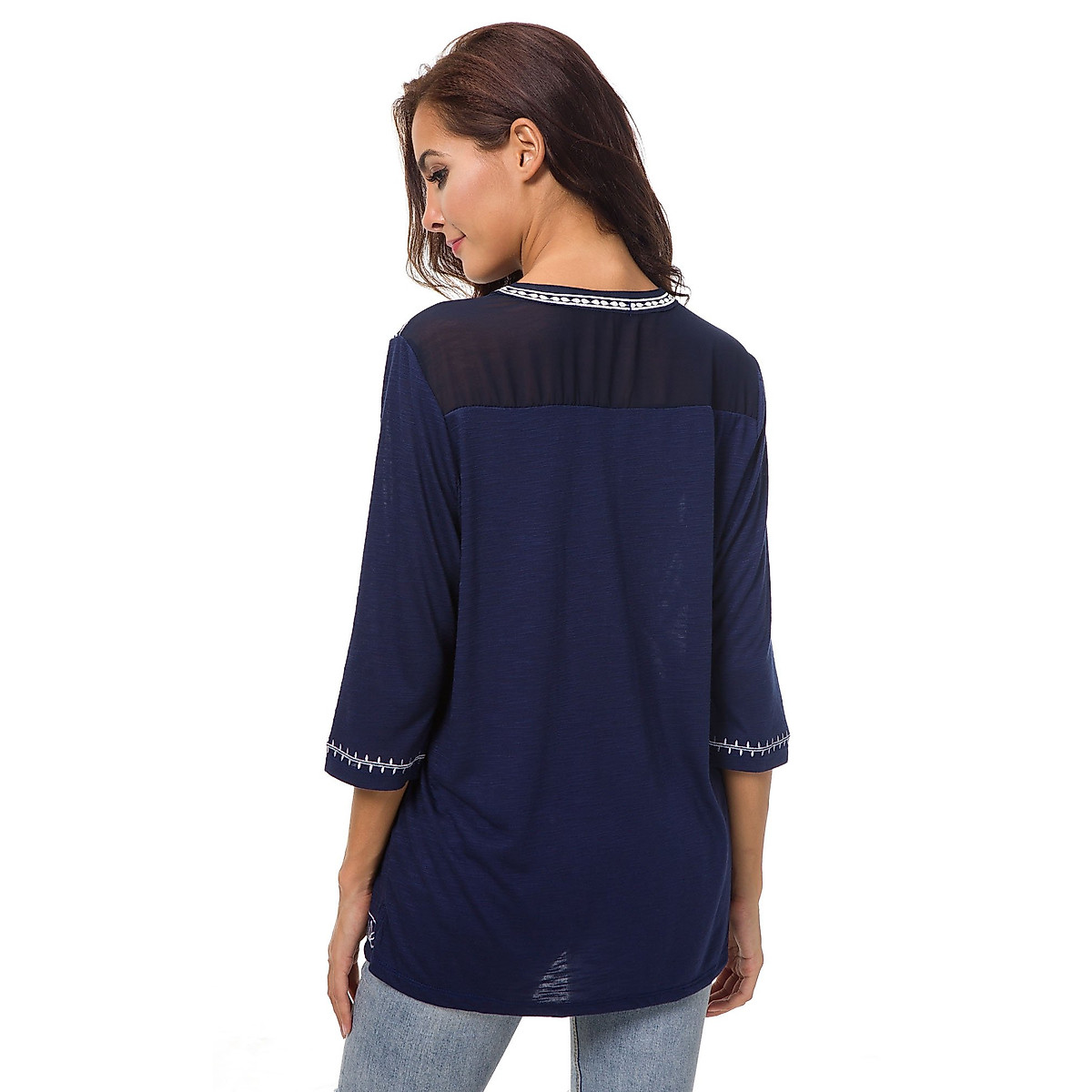 Women's Summer Tops Boho V-Neck Embroidery Short Sleeve Blouses for Women Fashion Navy Blue