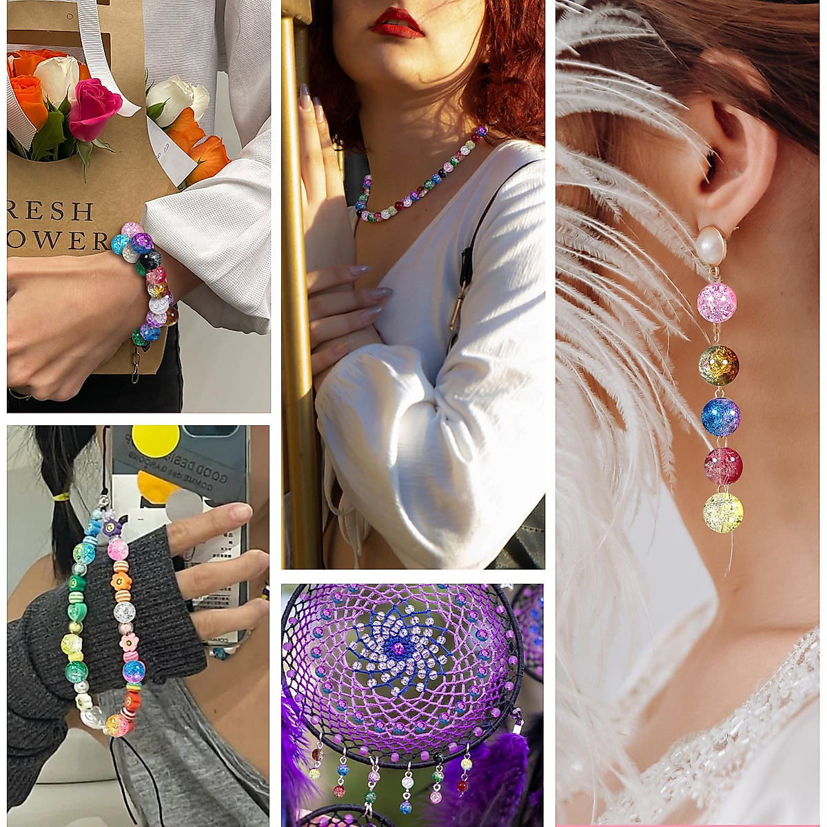 TOAOB 200pcs 8mm Multi Color Crackle Glass Lampwork Beads Round Loose Spacer Beads Craft Supplies for Bracelets Necklaces Jewelry Making