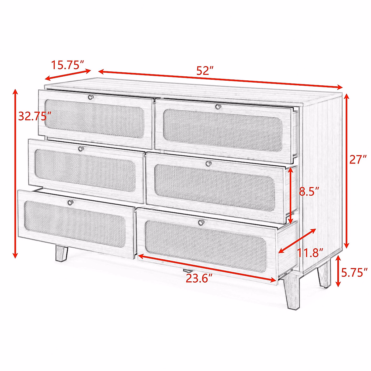 NicBex Rattan Dresser for Bedroom Chest of Drawers with 6 Drawers,Modern Cannage Rattan Wood Closet Chest of Drawers,Rattan Storage Dresser for Closet, Bedroom,Living Room,Hallway,Natural Walnut