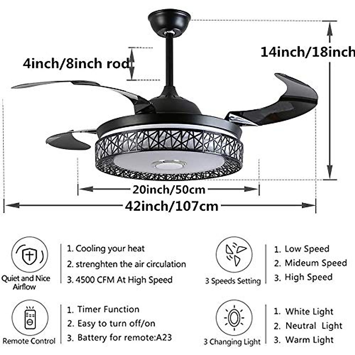 FINE MAKER 42 in Bluetooth Retractable Ceiling Fan with Light and Remote Control, LED 3-Color Light 3 Speed Retractable Blades, Bluetooth Invisible Fandelier Fan for Living Room/Restaurant/Bedroom
