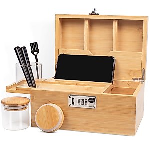 UEEPHA Large Bamboo Storage Box with Lock - Glass Jars Tray Set Wooden Boxes, Decorative Storage with Lid, Locking Wood Box for Home Storage | Accessories Organizer