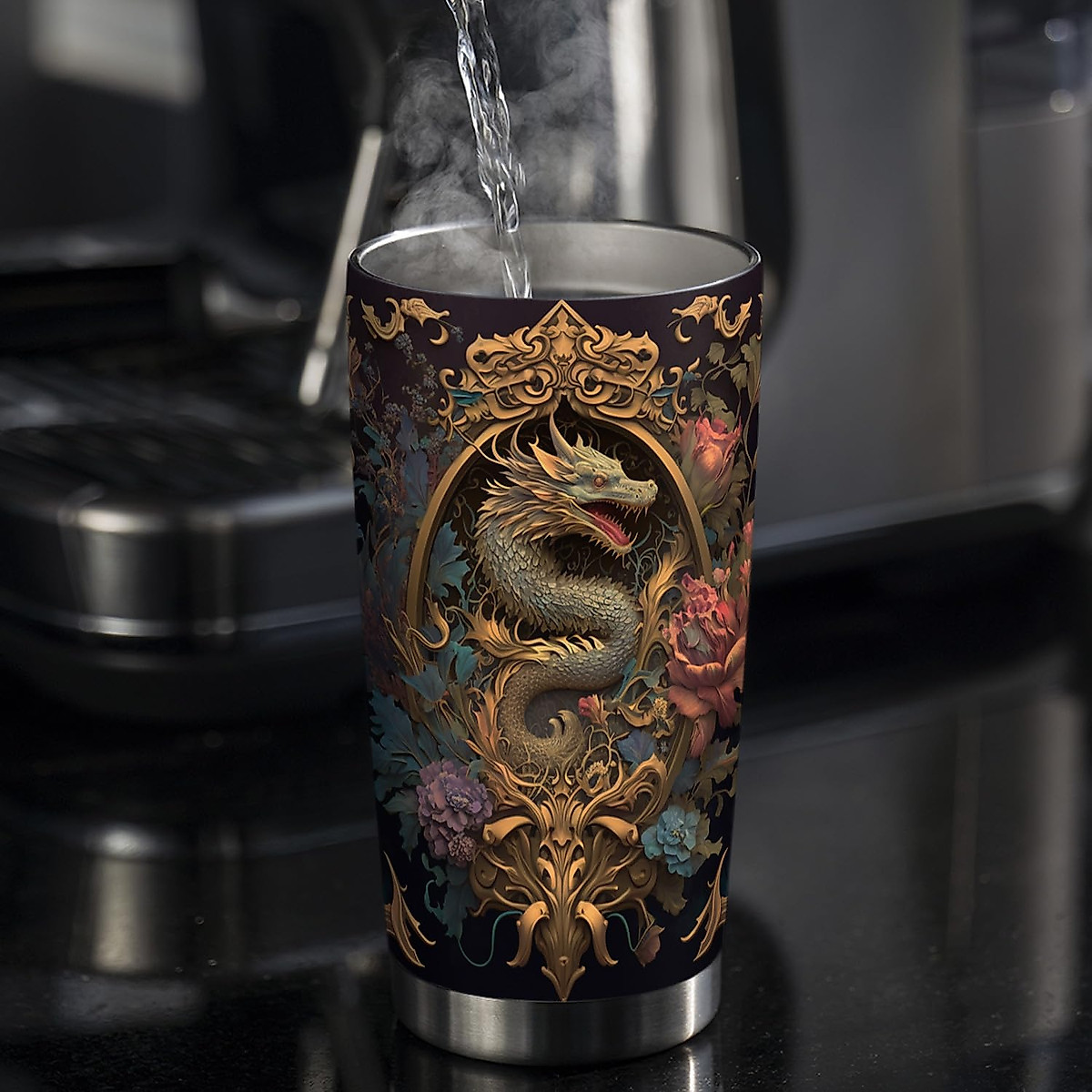 20oz Vintage Flower Dragon Tumbler, Gaming, Gamers Gifts for Dragon Lovers, Coffee Thermos for Women, Stainless Steel Double Wall Vacuum Insulated Coffee Mug, Travel Cup with Lid