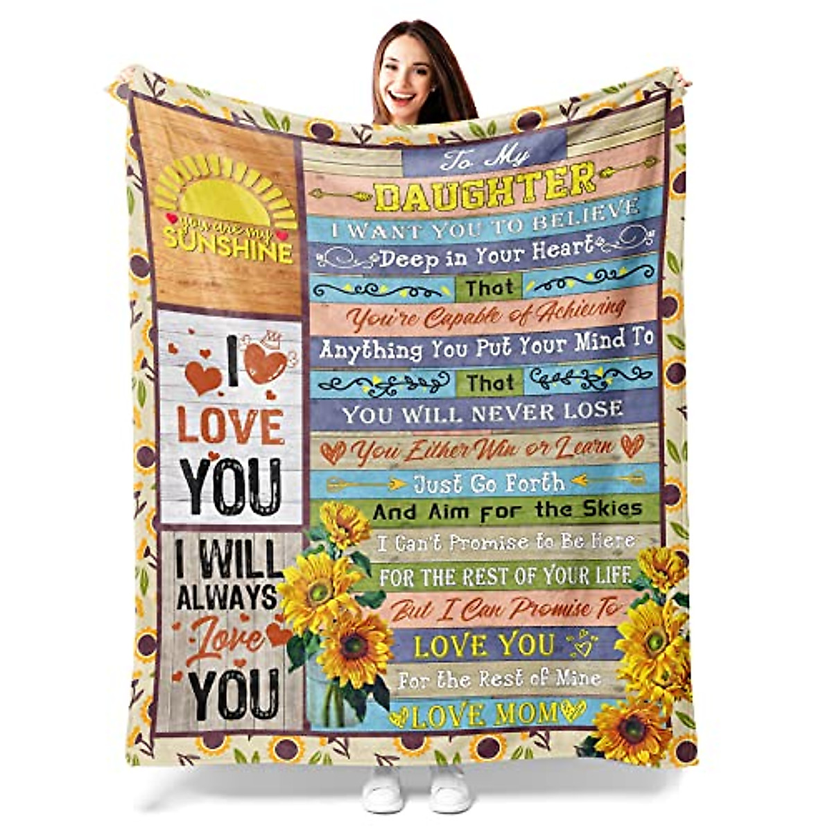 Love Letter to My Daughter Blanket, Gifts for Daughters from Mom, You are My Sunshine Throw Blanket for Daughter Birthday Anniversary, Sunflower Super Soft Fleece Blankets for Bed Travel 50x60inch