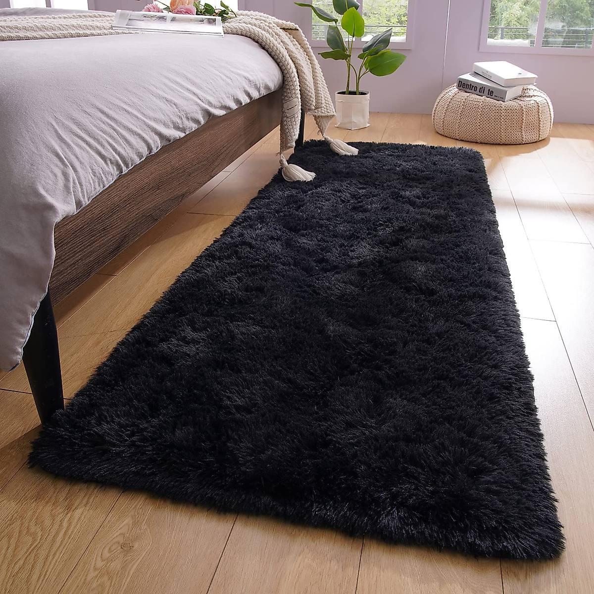 YJ.GWL Fluffy Runner Rug for Bedroom Living Room Soft Shag Rugs 2x6 Feet, Black Plush Carpet Non Slip for Nursery Dorm, Fuzzy Bedside Rug for Kids Boys Girls Room Home Decor