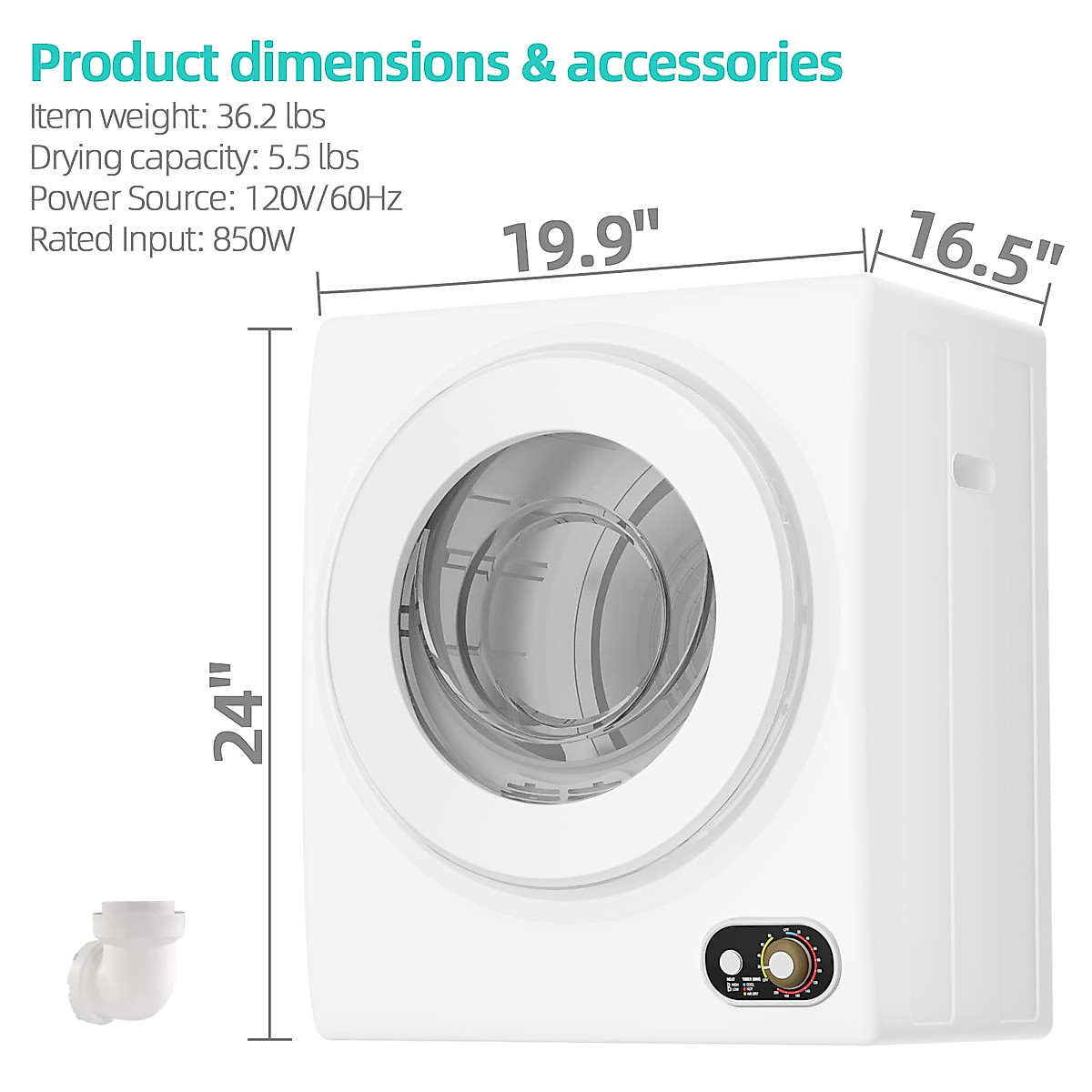 Elevon Compact Dryer, 120V Portable Clothes Laundry Dryer with Stainless Steel Inner Tub, Electric Dryer Machine for Small Space, Apartments, hostels, RVs, 4 Modes, White