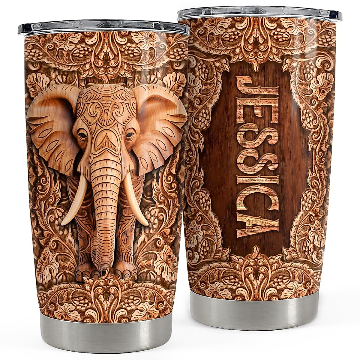 SANDJEST Personalized Elephant Wood Drawing Tumbler 20oz 30oz Insulated Tumblers with Lid Coffee Travel Mug Cup for Men Women Gift for Birthday