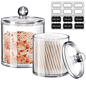 Bathroom Vanity Storage Organizer Canister Holder Apothecary Jars Set for Qtips,Cotton Balls,Swabs,Rounds,Makeup Sponges,Bath Salts,Premium Plastic Acrylic, Clear | 10oz.and 20oz.