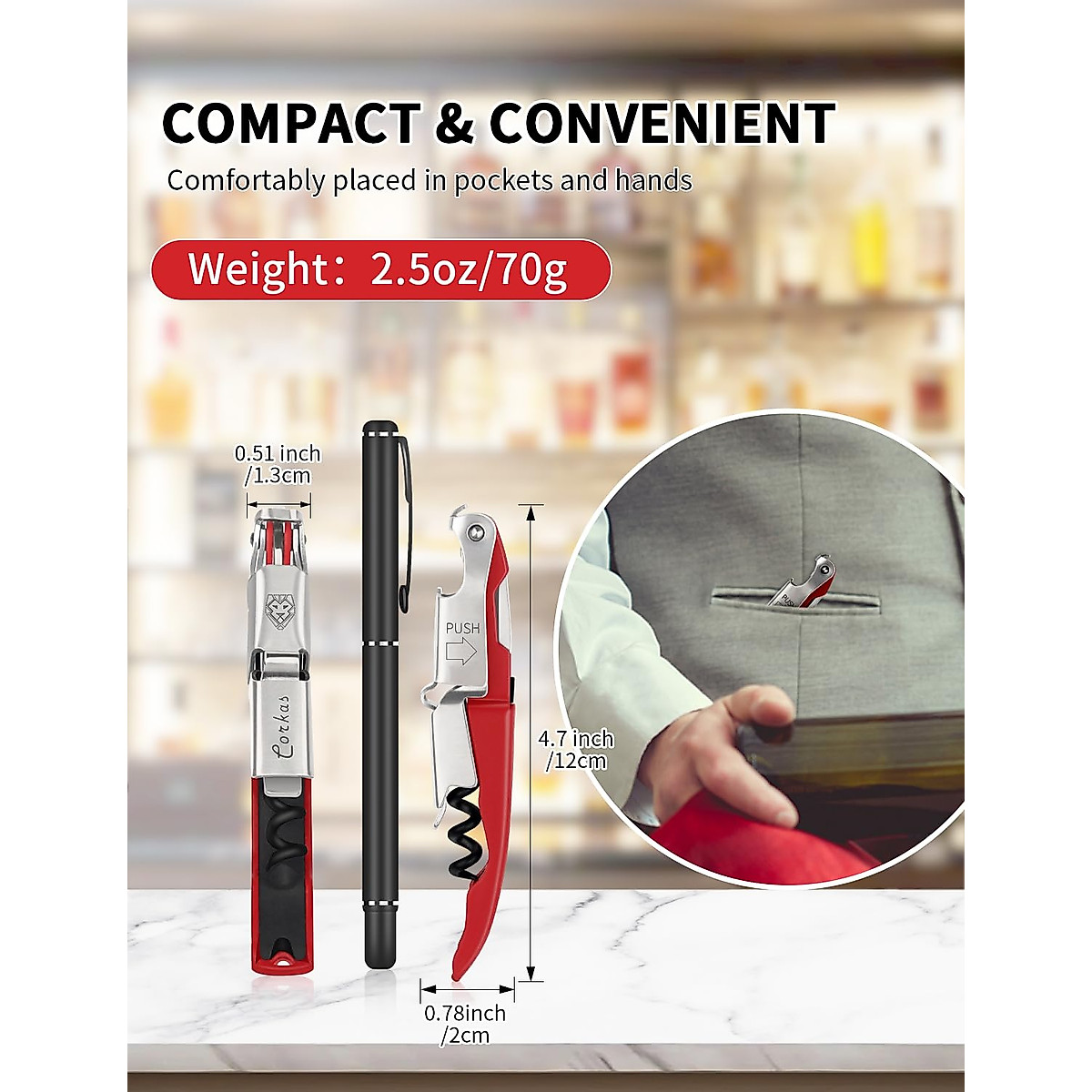 CORKAS Wine Key - Professional Handcrafted Heavy Duty Waiter Corkscrew, Compact Wine Opener with Double Hinged, Foil Cutter and Bottle Opener, Gifts for Servers, Sommelier, Bartenders - Red