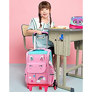 Girls Rolling Backpack with 6 Wheels, 16 Inch Lightweight Roller Backpacks for girls Elementary, Carry-on wheeled backpack for School Travel, 4+ Years Old, Pink