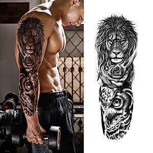 PADOUN Animal Temporary Tattoo Sleeve, 8-Sheet Large Temporary Tattoos Women Full Sleeve Temporary Tattoos, Wolf Lion Tiger Tattoos for Adults Men Waterproof Black