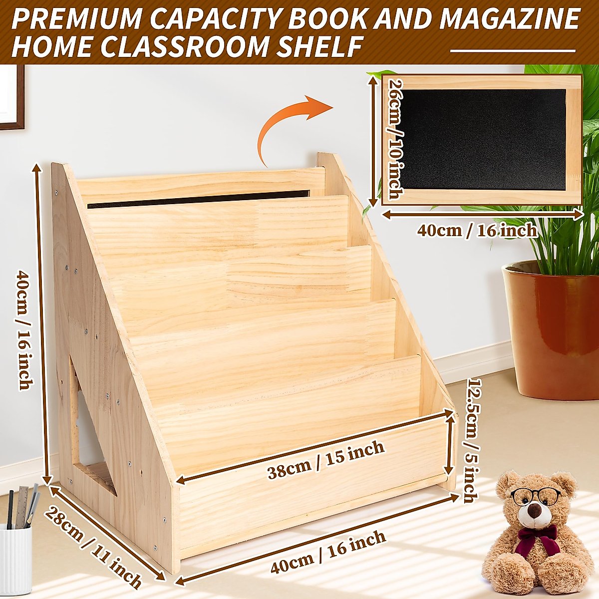 GENMOUS Montessori Bookshelf for Kids Room, Wooden Toddler Bookshelf with Chalkboard, Front-Facing Kids Bookshelf with Handle, Baby Book Shelf Bookcase for Nursery Playroom Classroom Reading Nook