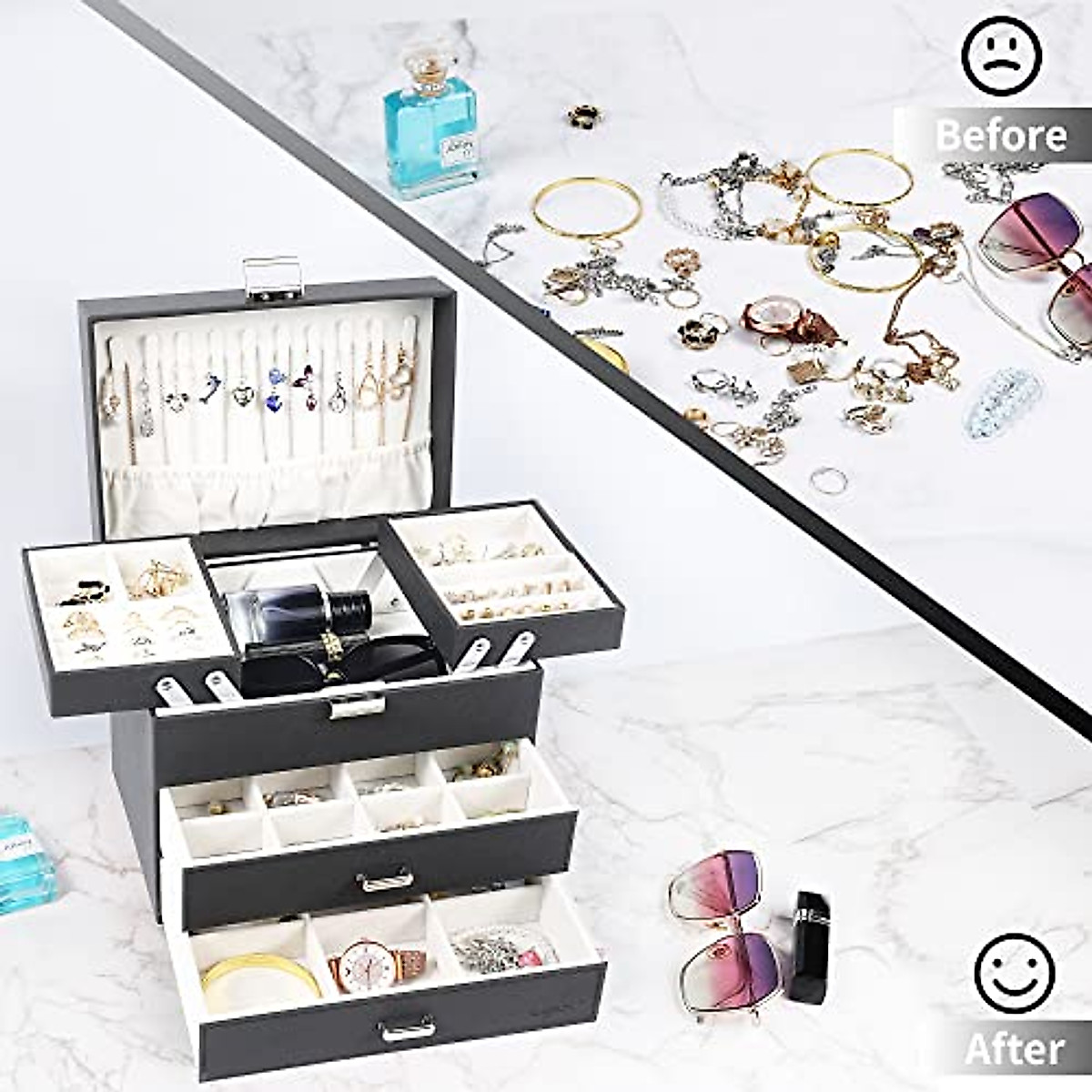 Dajasan Jewelry Boxes for Women Girls, Jewelry Organizer Box, 4 Layers Large Jewelry Storage Organizer for Earring, Ring, Necklace, Bracelets (Black)