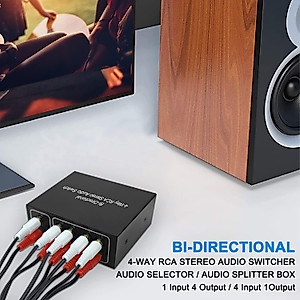Dingsun Bi-Directional 4-Way RCA Stereo Audio Switch Dignsun Audio Signal Source Switcher Selector Splitter Box for CD, DVD, Blu-ray Players, Active Speakers, Etc. (4 Input 1 Out /1 Input 4 Output)