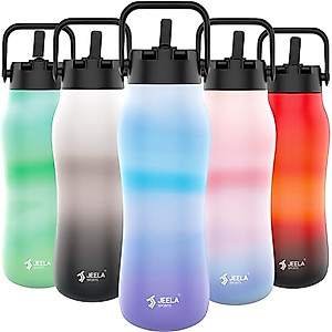 JEELA SPORTS Insulated Water Bottle with Straw - 24oz, Leakproof Stainless Steel Water Bottles, Metal Water Bottle Keeps Water Cold for 24 hours