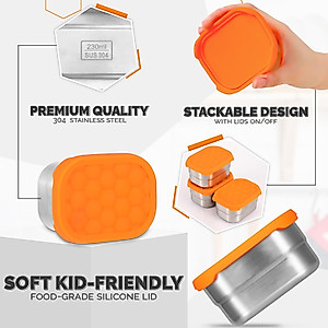Hsei 6 Pcs Stainless Steel Snack Containers, 8oz Food Containers with Silicone Lids Portable Reusable Metal Lunch Box for Daycare and Storage(Orange)