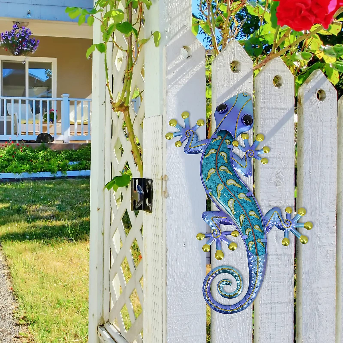 HONGLAND Metal Gecko Wall Decor Outdoor Indoor Lizard Art Sculpture Glass Decorations for Home (Blue&Purple)