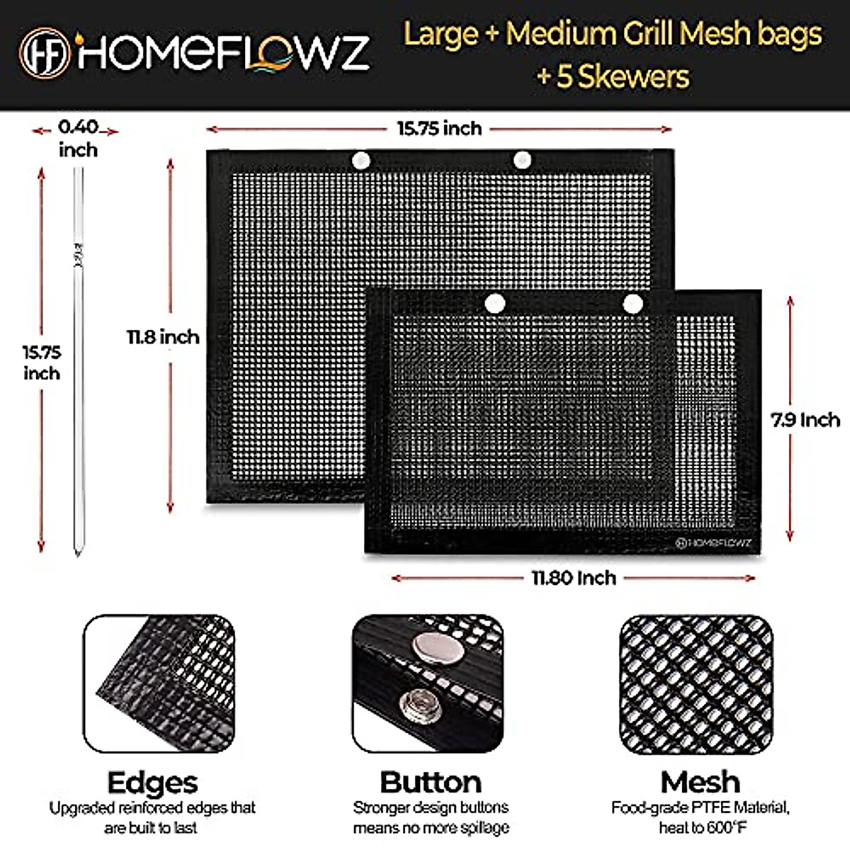 Homeflowz Mesh Grill Bags and Skewers - Extra Large 40x30cm + Medium BBQ Bags for Grill - Heat Resistant Non-Stick Reusable Grilling Bags - Easy to Clean - Use On All Outdoor Grills - Durable Design