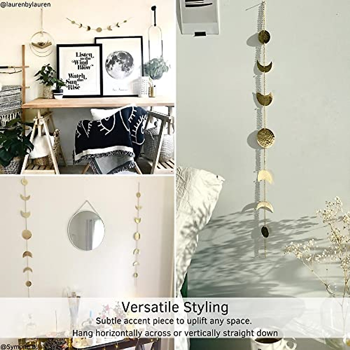 Moon Phase Wall Hanging [Handmade Hammered Gold Metal 7 Moons 34" Banner] Phases of the Moon, Celestial Lunar Decorative Wall Art, Bohemian Aesthetic, Christmas Boho Decor for Living Room Girl Gift