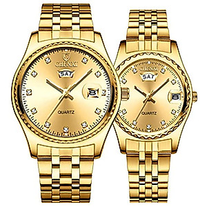 MASTOP Couple Watches Dress Wrist Watch Golden Watch Men Women Stainless Steel Waterproof Quartz Watch (8201 Gold)