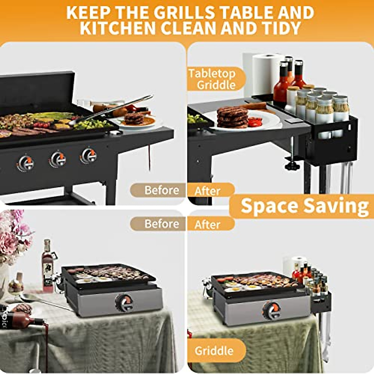 Griddle Caddy for Blackstone 28"/36"/17"/22" Griddles, BBQ Accessories Storage Box with Knife Holder & Paper Towel Holder, Grill Accessories Space Saving for Blackstone Griddle Accessories (Black 10)