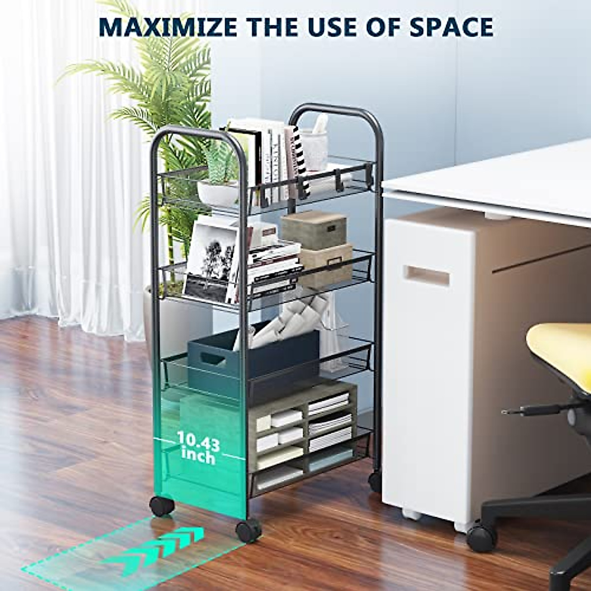 DEVO 4 Tier Metal Mesh Rolling Cart, Storage Organizer cart with 4 Side Hooks, Utility Carts with Lockable Wheels, for Home Kitchen Office Classroom (Black 1)