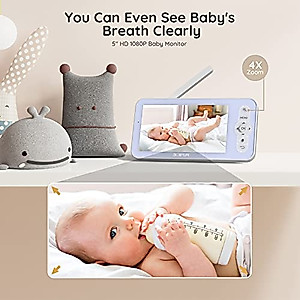 BOIFUN 5" Baby Monitor, 1080p WiFi Baby Monitor Via Android/iOS App Control, Video Record & Playback, Temp & Humidity Sensor, Night Vision, 2-Way Talk, Motion & Sound Detection, with Wall Mount Base