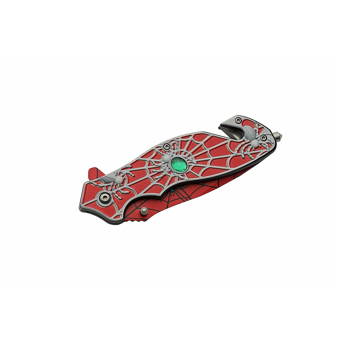 8” Red Spiderweb Assisted Open Pocket Folding Edc Knife Red Stainless Steel Clip Point Blade With Spider Web Print Red Aluminum Handle With Green Jewel Inlay