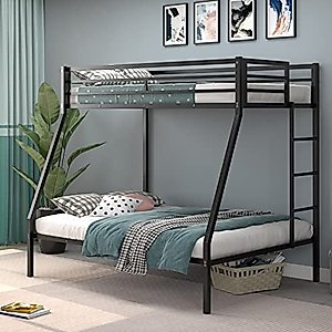 Giantex Bunk Bed Twin Over Full Size, Metal Bunk Bed w/Removable Ladder & Steel Frame Support, Space-Saving Triple Bunk Bed for Boys Girls Adults, Noise Free, No Box Spring Needed, Black
