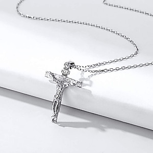 Nofade Silver Cross Necklace for Women Sterling Silver Catholic Jesus Christ on INRI Cross Crucifix Pendant Necklace for Men Religious Chain Christian Jewelry Gift