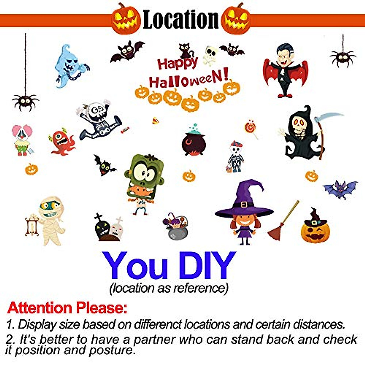 Happy Halloween Stickers Kids Bedroom Decor Indoor Outdoor Removable Wall Decals Window Art Decoration Vinyl Witch Bat Spider Vampire for Boys Girls Room