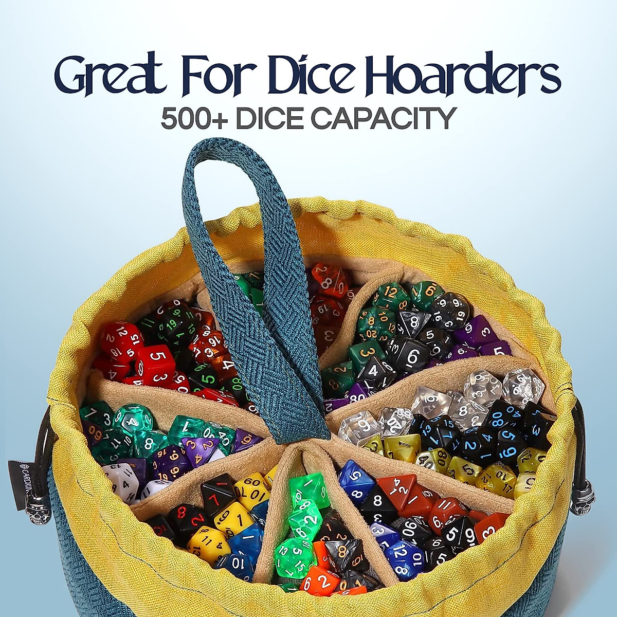 CardKingPro Monstrous - Dice Bag with 8 Pockets - Blue/Yellow - Huge Capacity 500+ Dice - Great for Dice Hoarders