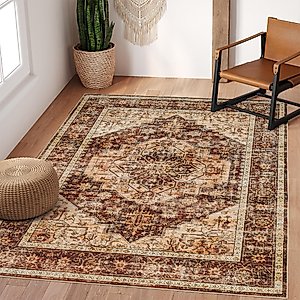 Art&Tuft Washable Rug 8x10, Area Rugs for Living Room, Anti Slip Low Pile Rug Floor Carpet, Vintage Stain Resistant 8x10 Rugs for Bedroom, Dining Room, Kitchen, Brown