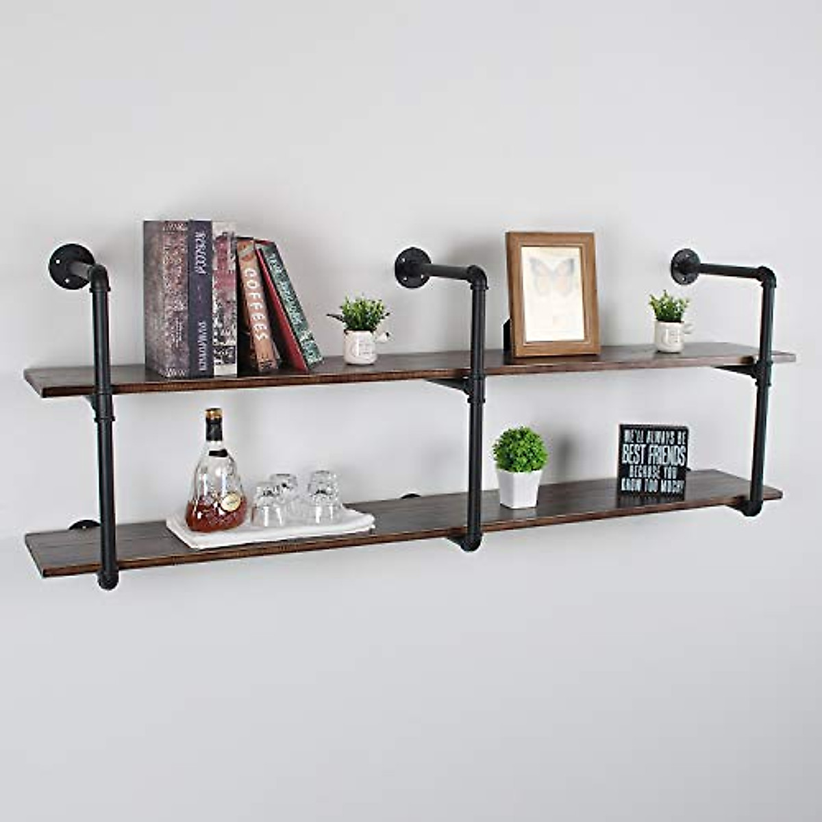 OISSIO Industrial Pipe Wall Shelf,2-Tiers Wall Mount Bookshelf,63in Rustic Wall Mount Shelf,DIY Storage Shelving Floating Shelves,Rustic Pipe Shelving Unit,Wall Book Shelf for Home Organizer