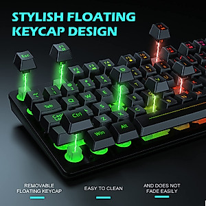 TNBIU Gaming Keyboard, 105-Key Wired Membrane Keyboard, Rainbow LED Backlit Keyboard, Floating Keycap Design, Aluminum Alloy Panel, Stylish Appearance Design, Suitable for Desktop, Computer, PC