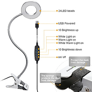 Skymore Clip on Light -3 Color Modes&10 Brightness LED Reading Desk Light with Clamp Flexible Gooseneck Book Light for Kids' Bedtime Reading, Zoom Meetings, Clip on Table, Headboard, Dorm&Office Use