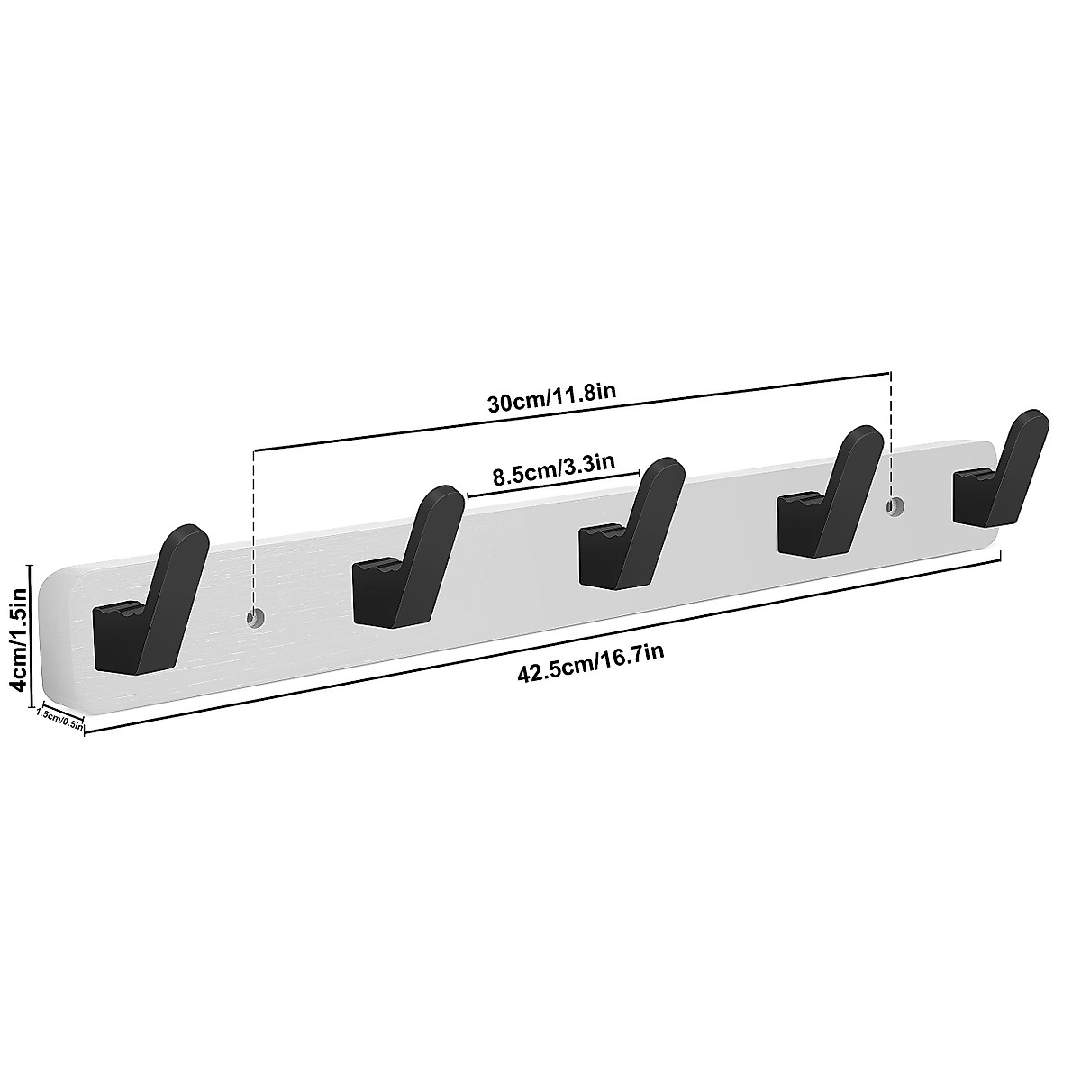 Coat Hooks Wall Mounted Coat Rack, 16.7'' Long, Entryway Hanging Coat Rack, White Wood Coat Rack with 5 Black Literary Rustic Hooks, Wooden Decorative Hooks Rail for Coat, Scarf, Bag, Towel, Hat