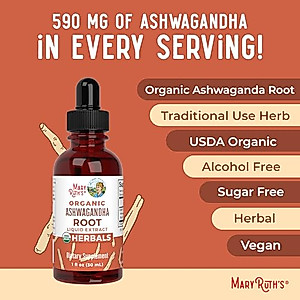 MaryRuth Organics Ashwagandha Root | USDA Organic Ashwagandha Liquid Drops | Stress Relief, Natural Calm, Relaxation and Mood Support Supplement | Adaptogenic | Nervine | Vegan | Non-GMO | 60 Servings