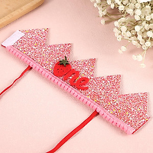 PEUTIER Strawberry 1st Birthday Hat for Baby Girls, Pink Sequin Berry Headwear First Birthday Decoration Sweet One 1st Birthday Headband for Baby Shower Party Decor Photo Props