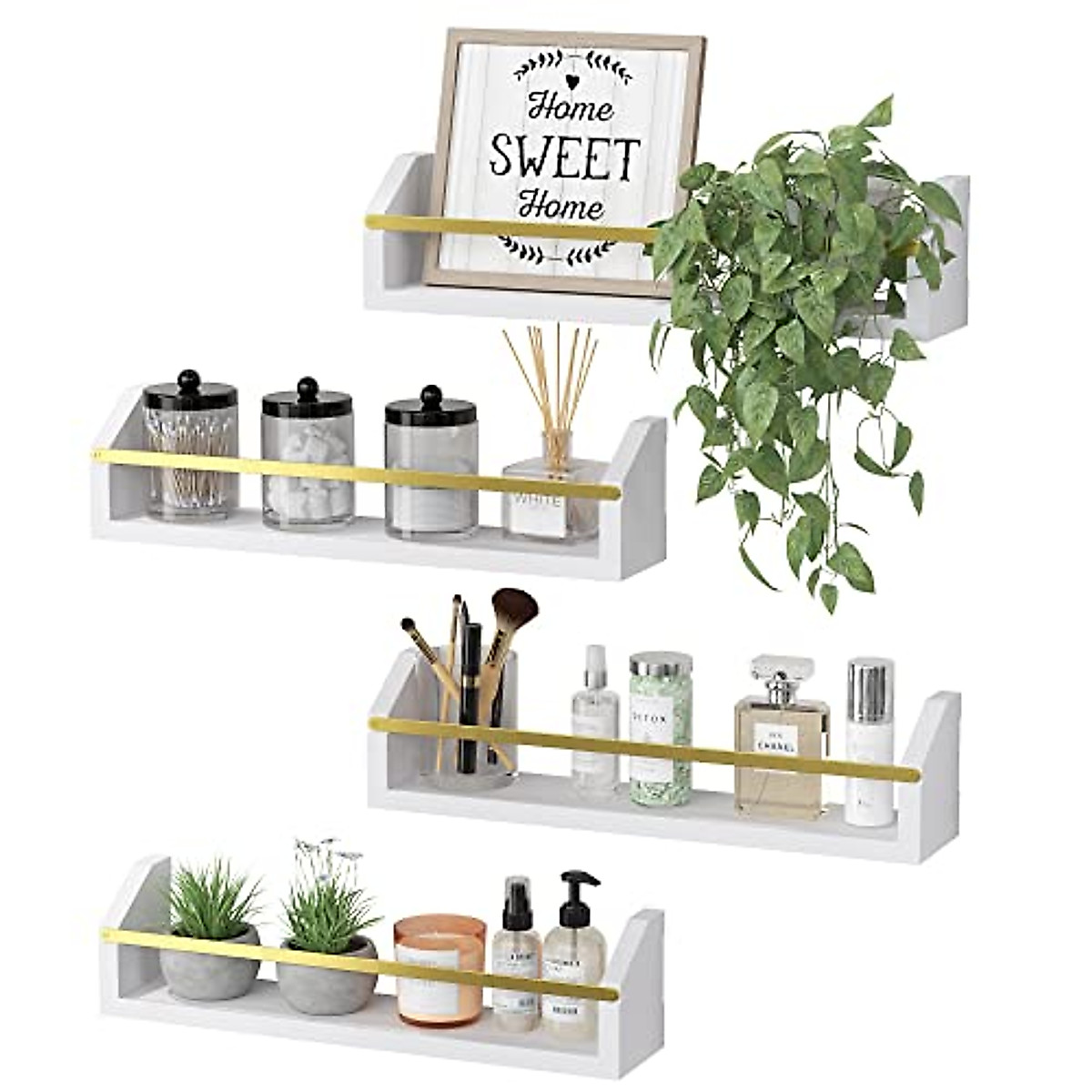 WOPITUES Floating Shelves with Protective Metal Rail, Small Bathroom Shelves Set of 4, Spice Rack Wall Mount, Wood Shelves for Kitchen, Living Room, Bedroom, Nursery Book- Modern White and Gold