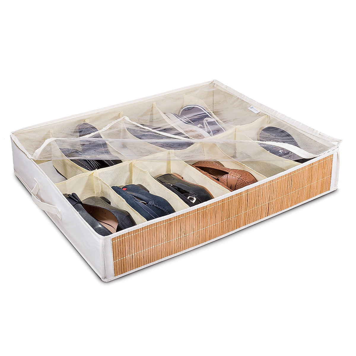 Under The Bed Shoe Organizer - Keep Your Shoes Organized with Storage for Up to Twelve Pairs of Shoes. Decorative Bamboo Siding, Easily Visible with Clear Cover and Protected from Moisture and Dust.
