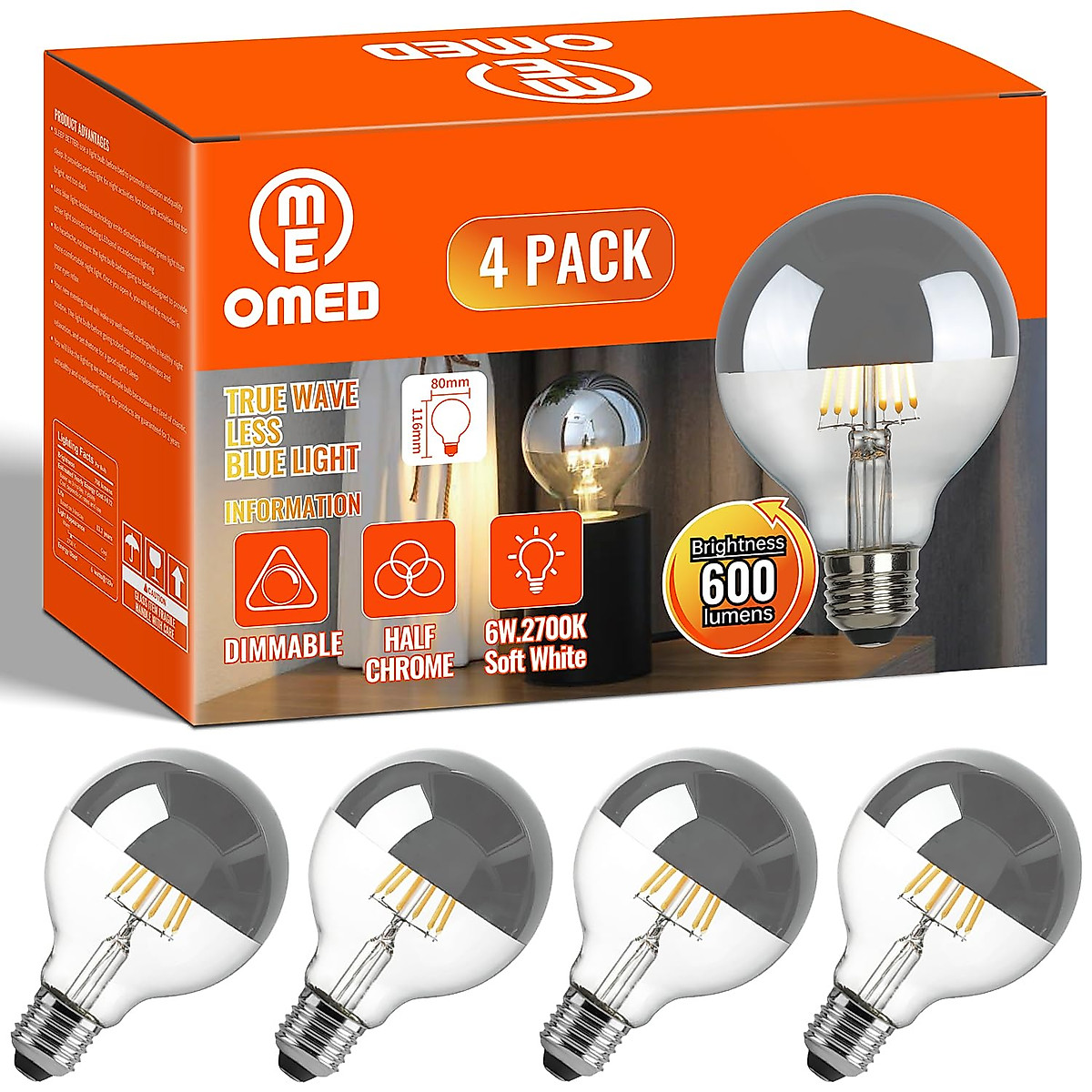 OMED 60w Equivalent Half Chrome Led 4 Pack Lights | 6Watt G25/G80 Silver Bowl Globe Shape LED Blub | Warm White 2700K Medium E26 Base Dimmable LED Filament 600 Lumens Vintage Bulb