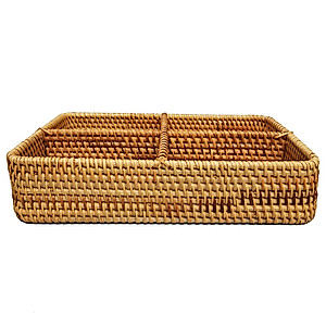 i-lan 4 Compartments Rectangular Rattan Basket, 12 Inch Divided Basket Tray with 3” Deep Wall, Decorative Flat Wicker Serving Basket for Fruit, Snacks, Catch All Dish, Brown