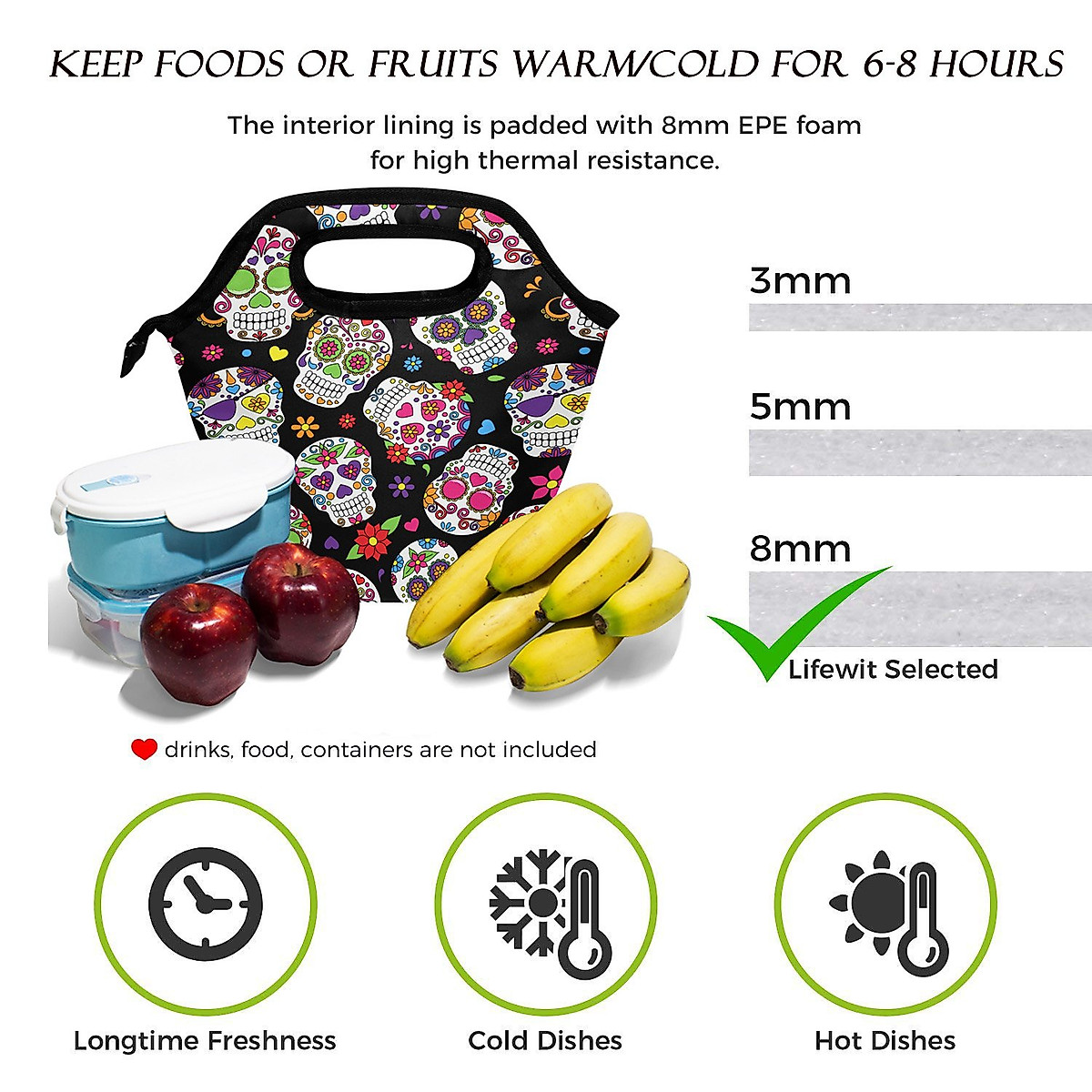 Wamika Lunch Bag Sugar Skull Flowers Rose Daisy Insulated Cooler Thermal Lunch Bag Box for Kids School Children Students Girls Boys Mexican Day Of The Dead Skull Love Heart Lunch Box Handbag Woman Man
